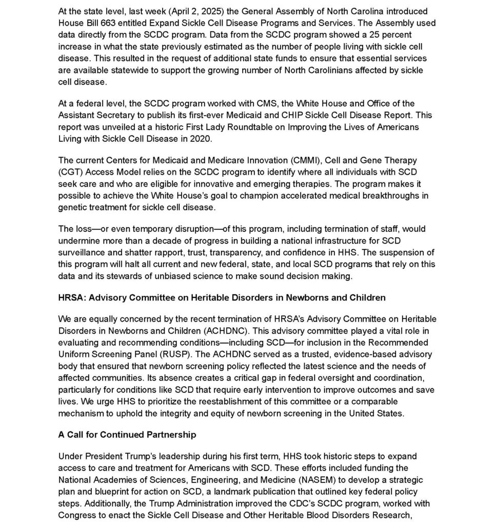 2025 Community Letter to Secretary Kennedy - Sick Cells